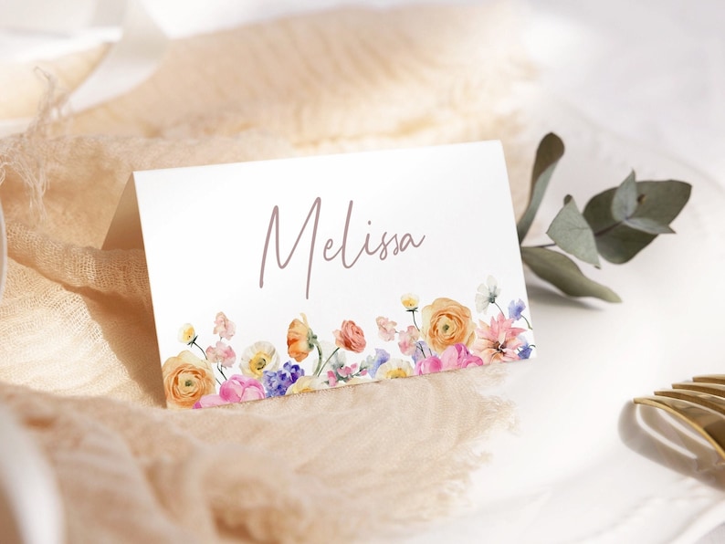 Place Card With Flowers Modern Minimalist Name Card Editale Orange and ...
