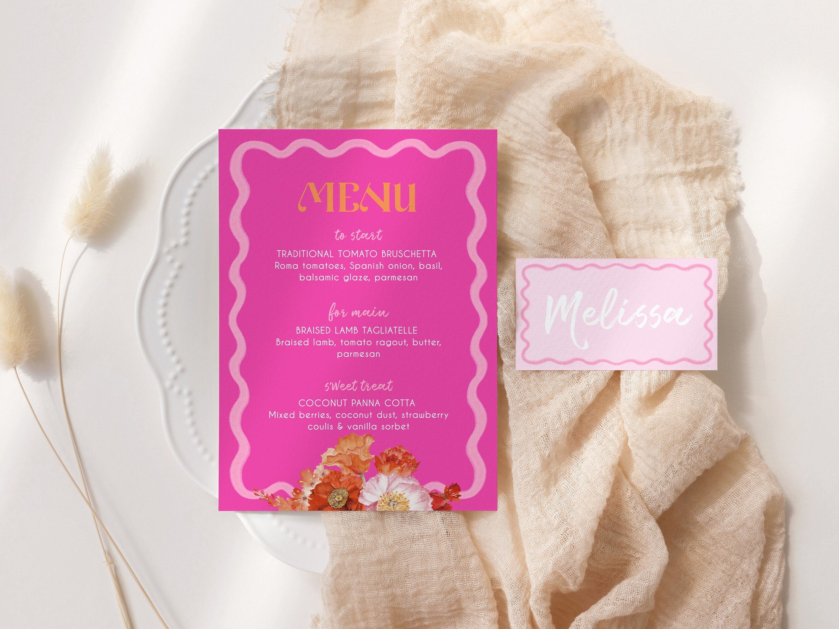 Pink Wavy Menu and Place Card Set Customizable Wave Menu and Name Card ...
