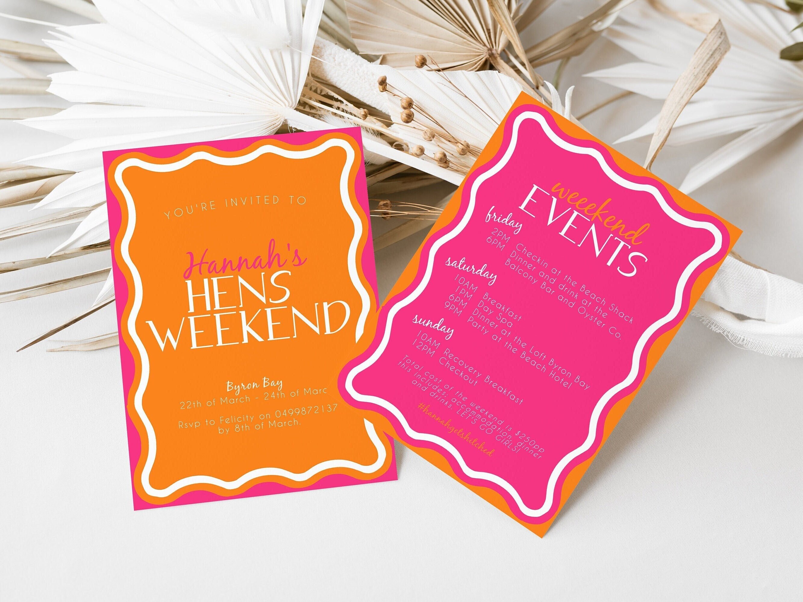 Hens Weekend Wavy Invite Orange and Pink Bachelorette Weekend ...