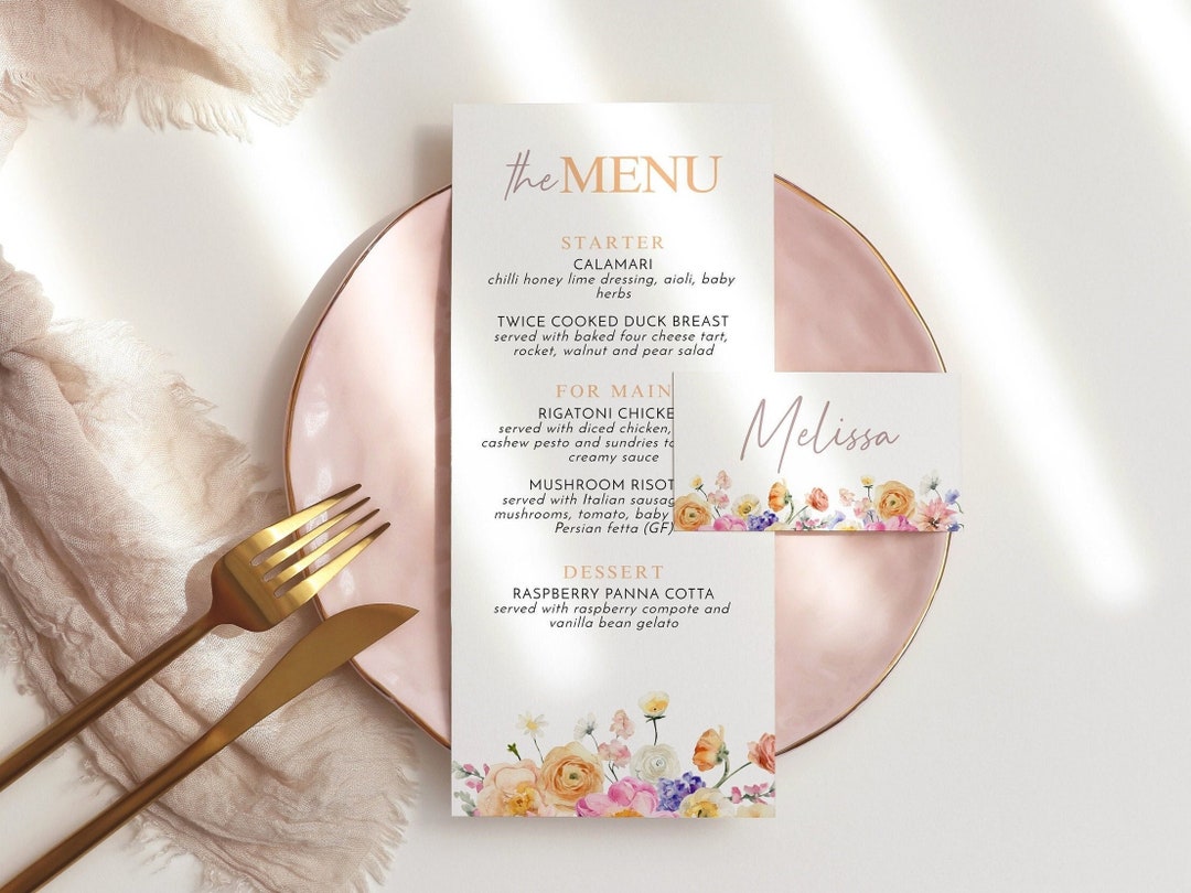 Pink Flower Menu and Place Card Set Customizable Bridal Shower Template ...