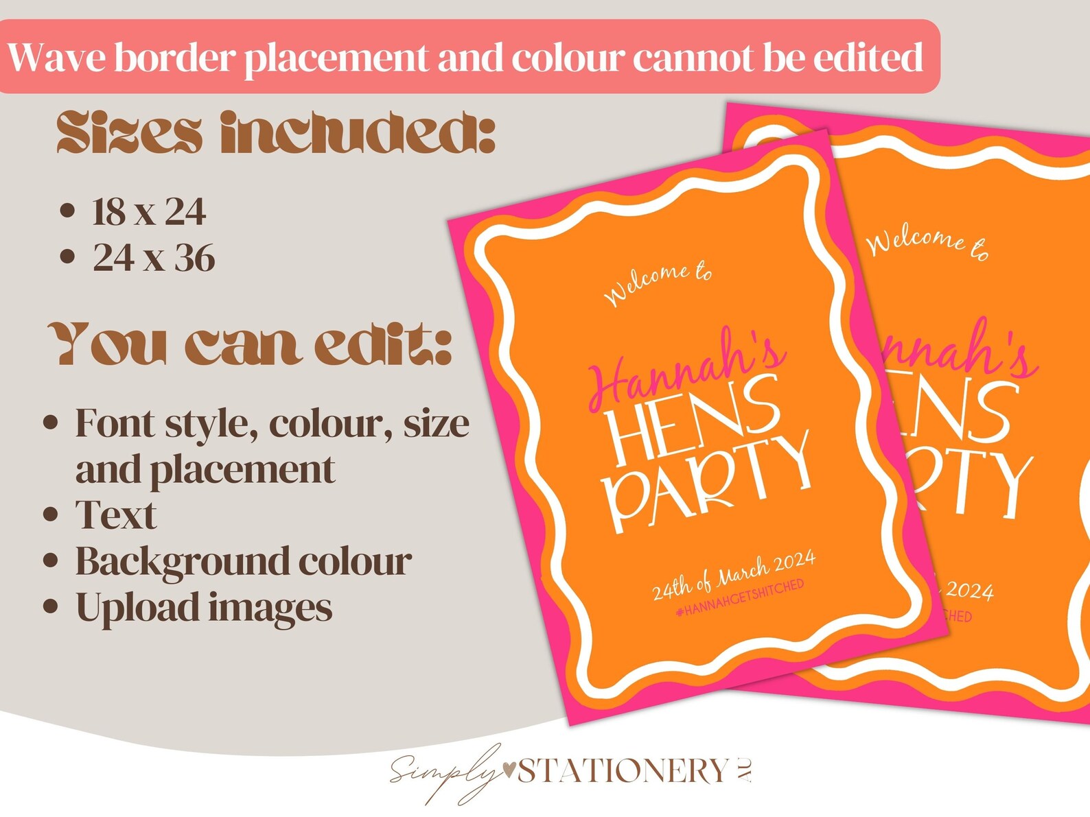 Hens Welcome Sign Wavy Bachelorette Party Welcome Sign Orange and Pink ...