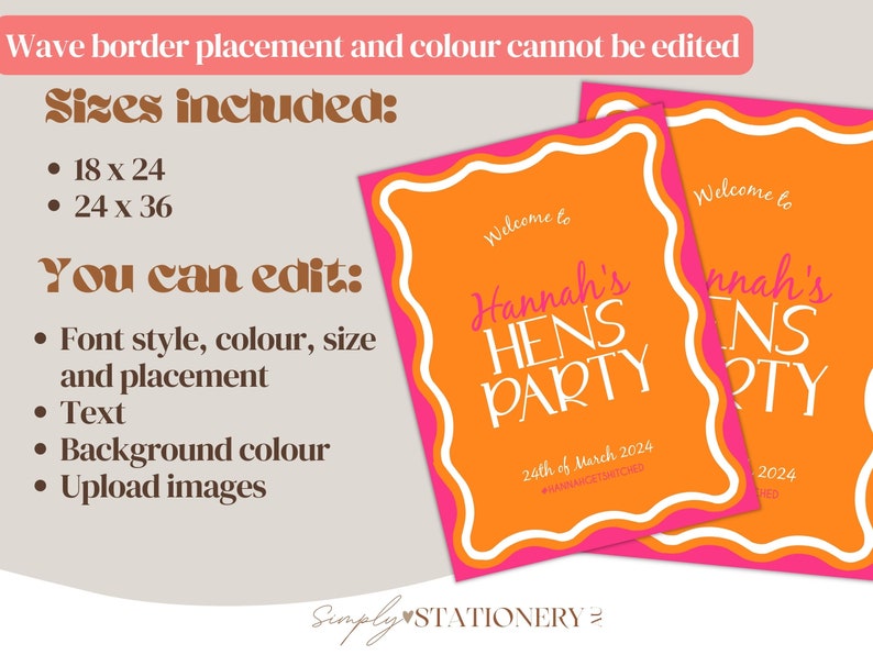 Hens Welcome Sign Wavy Bachelorette Party Welcome Sign Orange and Pink ...