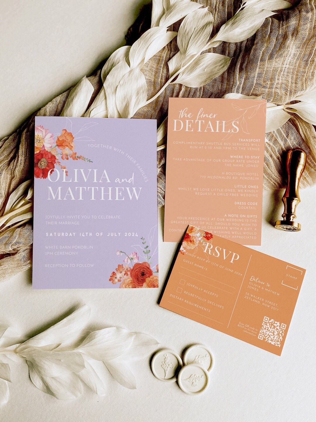 Minimal Wedding Invitation Set Customizable Modern Purple and Orange ...