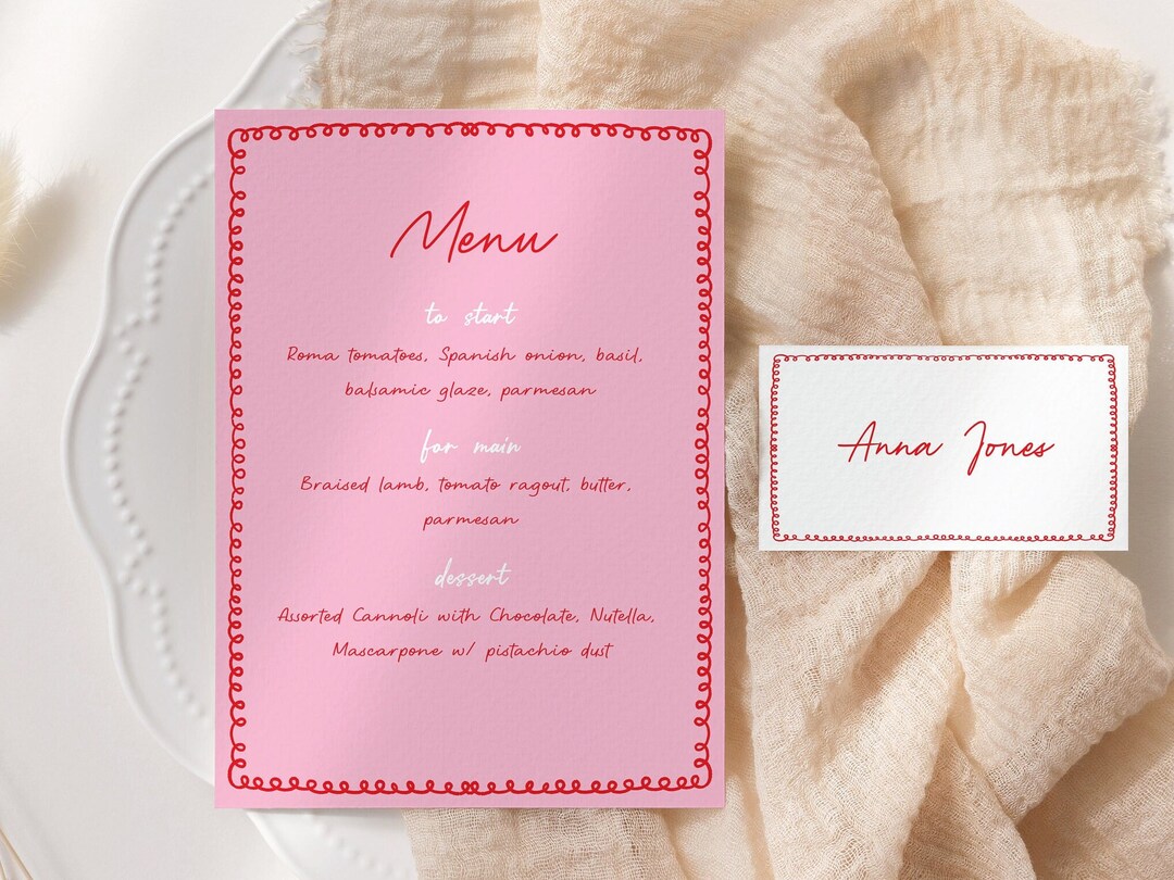 Pink and Red Menu and Place Card Hand Drawn Squiggle Border ...