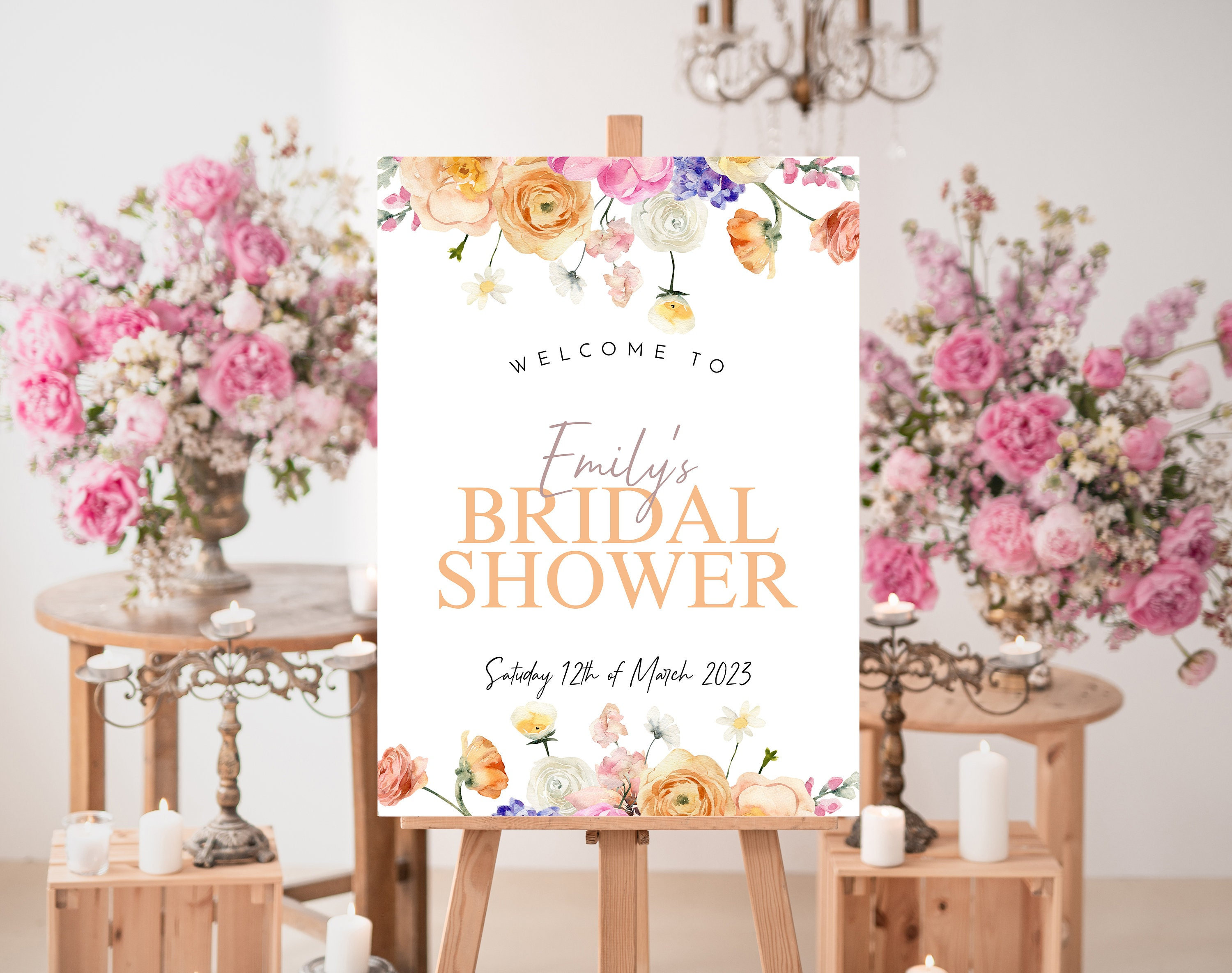 Bridal Shower Flower Welcome Sign Customizable Orange Pink Bright ...