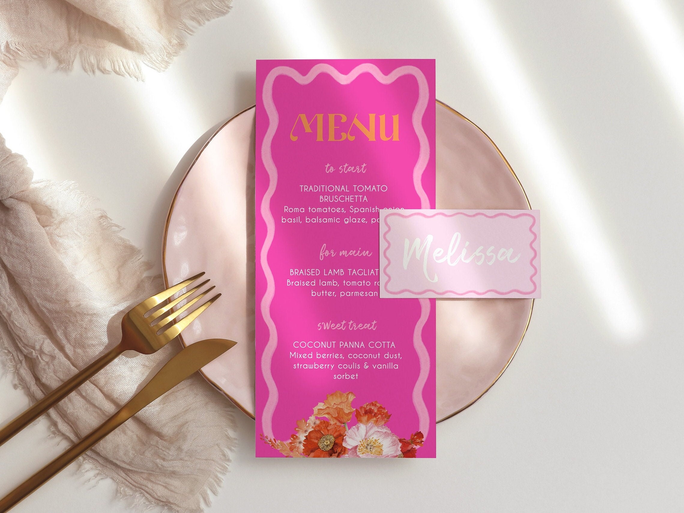 Pink Wavy Menu and Place Card Set Customizable Wave Menu and Name Card ...