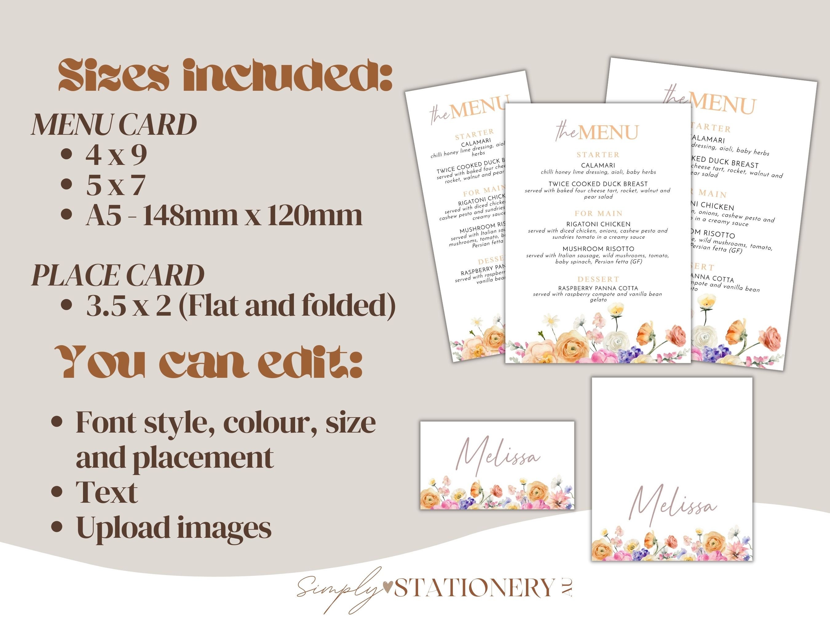 Pink Flower Menu and Place Card Set Customizable Bridal Shower Template ...