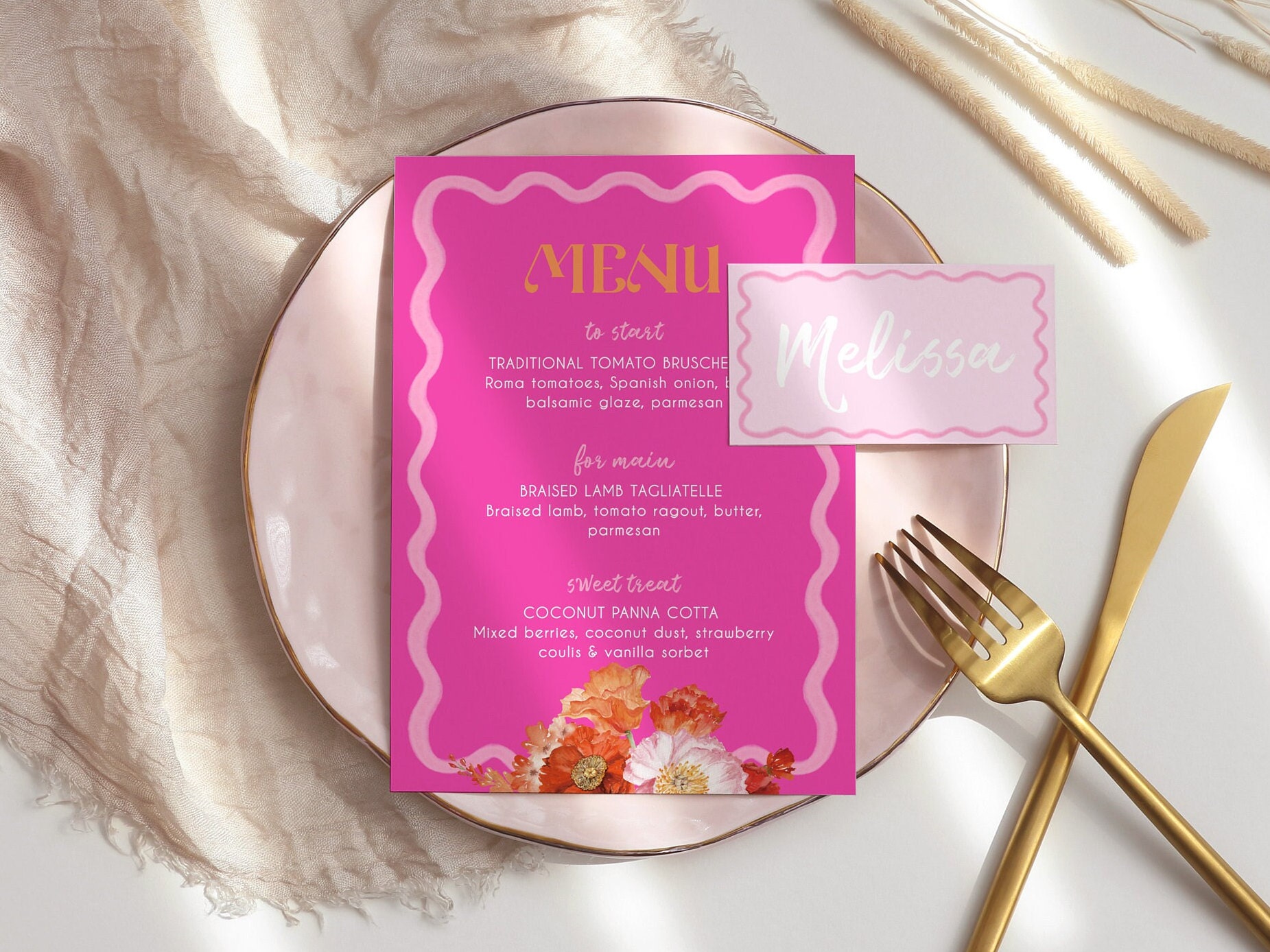 Pink Wavy Menu and Place Card Set Customizable Wave Menu and Name Card ...