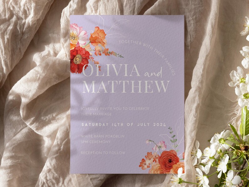 Minimal Wedding Invitation Set Customizable Modern Purple and Orange ...