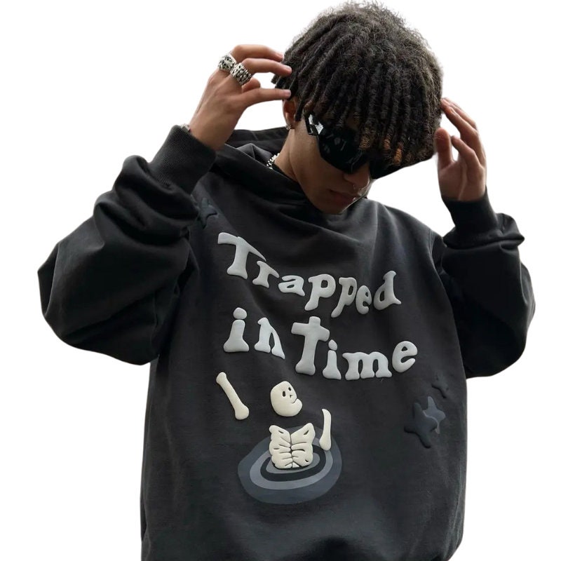 Trapped in Time Hoodie, Skeleton Print Hoodie, Embroidery Hoodie, Loose ...