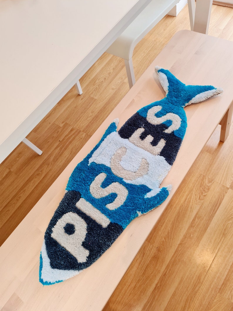 Handmade Pisces Fish Rug/bench Pad. Blue Hand Tufted Rug. Zodiac Star ...
