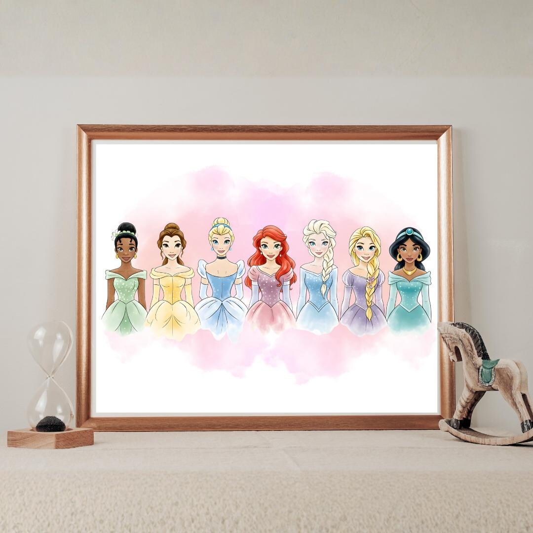 Watercolor All Princesses Wall Art, Princess Nursery Print, Birthday ...