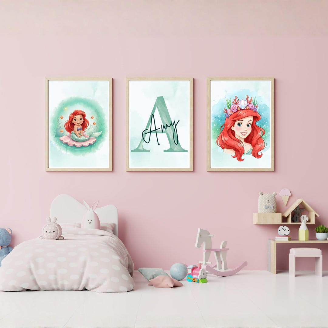 Personalized Princess Ariel Wall Art, Set of 3 Watercolor Princess ...