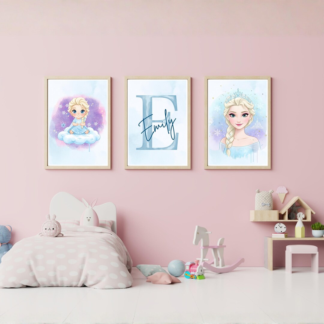 Personalized Princess Elsa Wall Art, Set of 3 Watercolor Princess ...