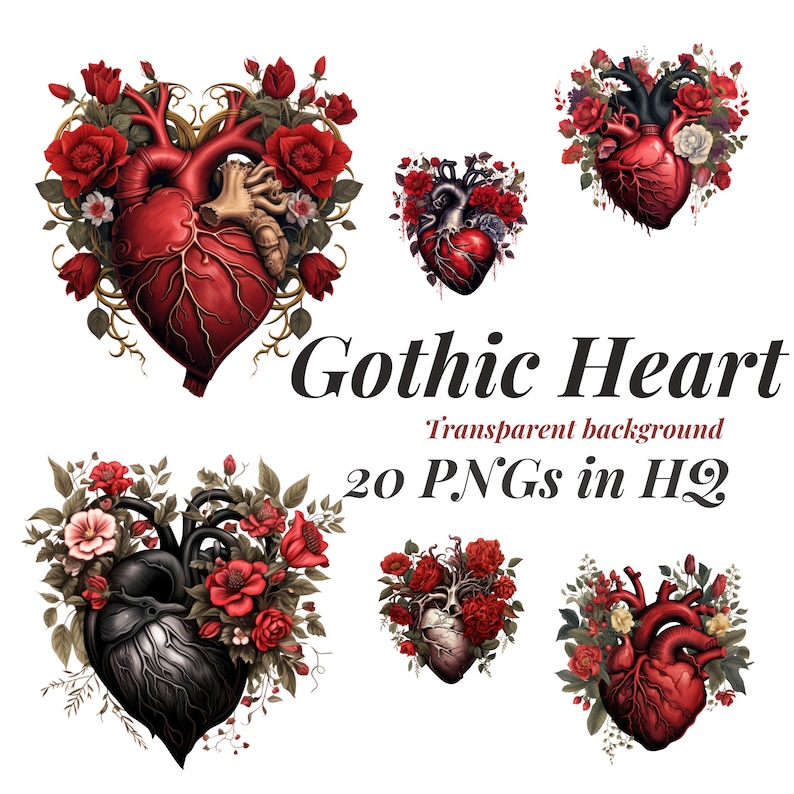 Gothic Floral Heart Clipart, 20 Digital Images in PNG Format for ...