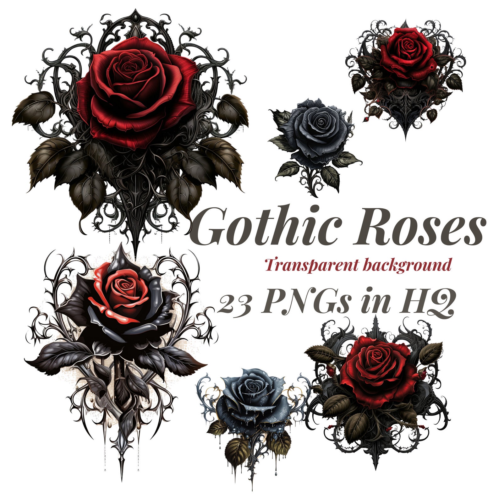 Gothic Rose Clipart, 23 Digital Images in PNG Format for Valentine ...