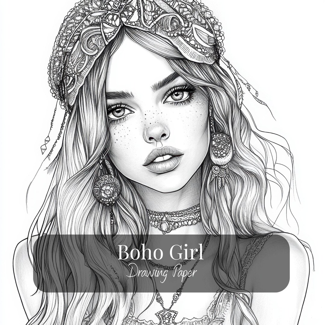 Drawing Page With a Boho Girl, JPEG in High Resolution 4k, Ready to ...