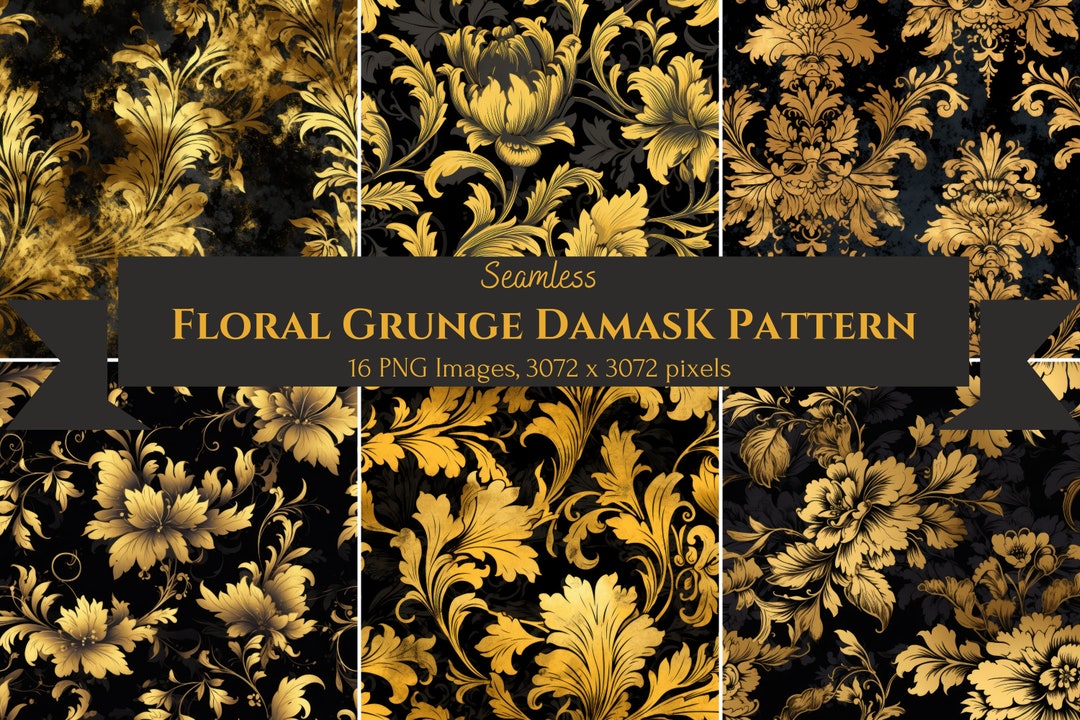 Golden Floral Damask Digital Paper, Seamless Pattern PNG, Instant ...
