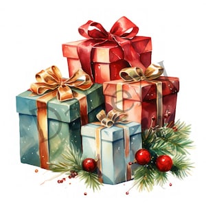 Watercolor Christmas Presents Clipart, 25 Images in PNG Format, Instant ...