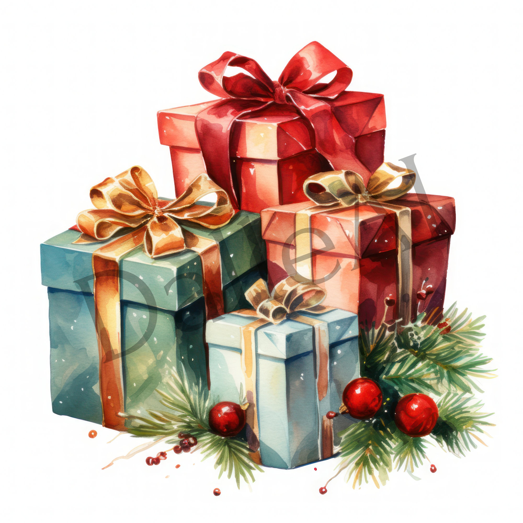 Watercolor Christmas Presents Clipart, 25 Images in PNG Format, Instant ...