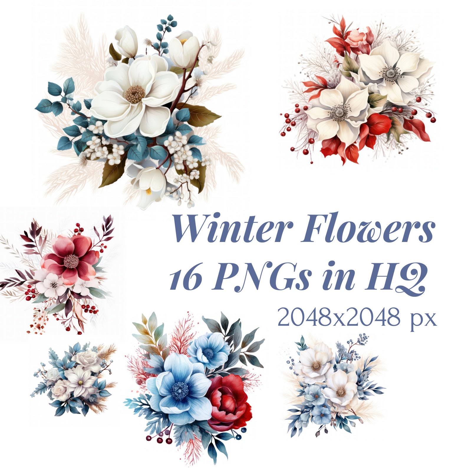 Winter Flowers Watercolor Clipart, 16 PNG Images, AI Art, Watercolor ...