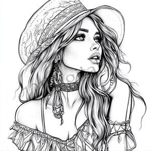 Drawing Page With a Boho Girl, JPEG in High Resolution 4k, Ready to ...