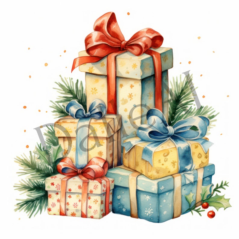 Watercolor Christmas Presents Clipart, 25 Images in PNG Format, Instant ...