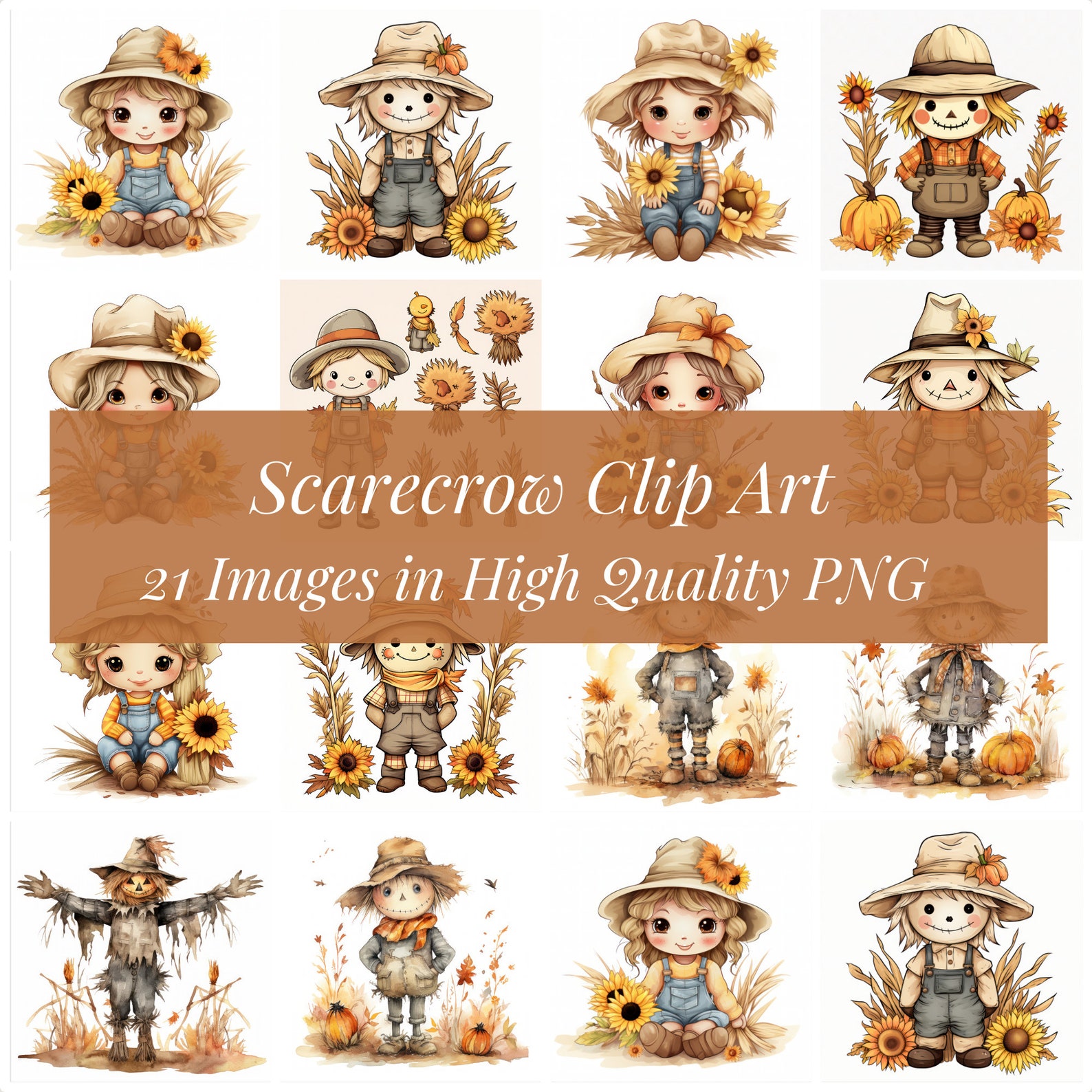 Scarecrow Clipart, Set of 21 PNG Images, High Quality Images, Wall Art ...