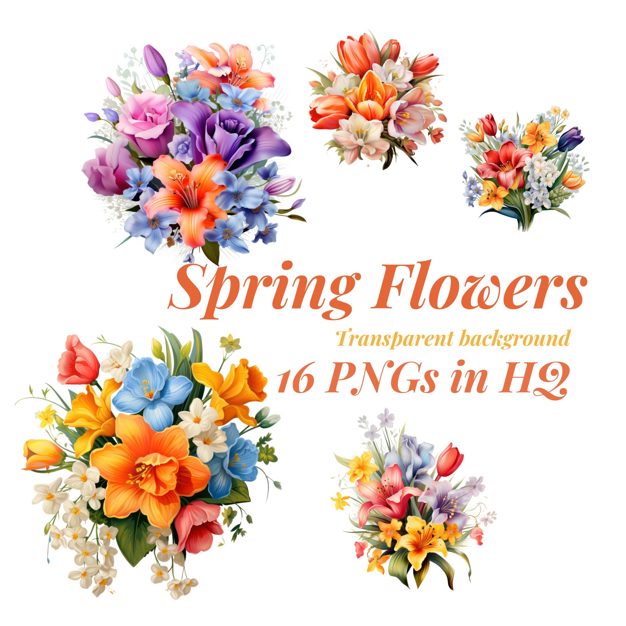 Spring Flowers Clipart, 16 Digital Images in PNG Format for Valentine ...