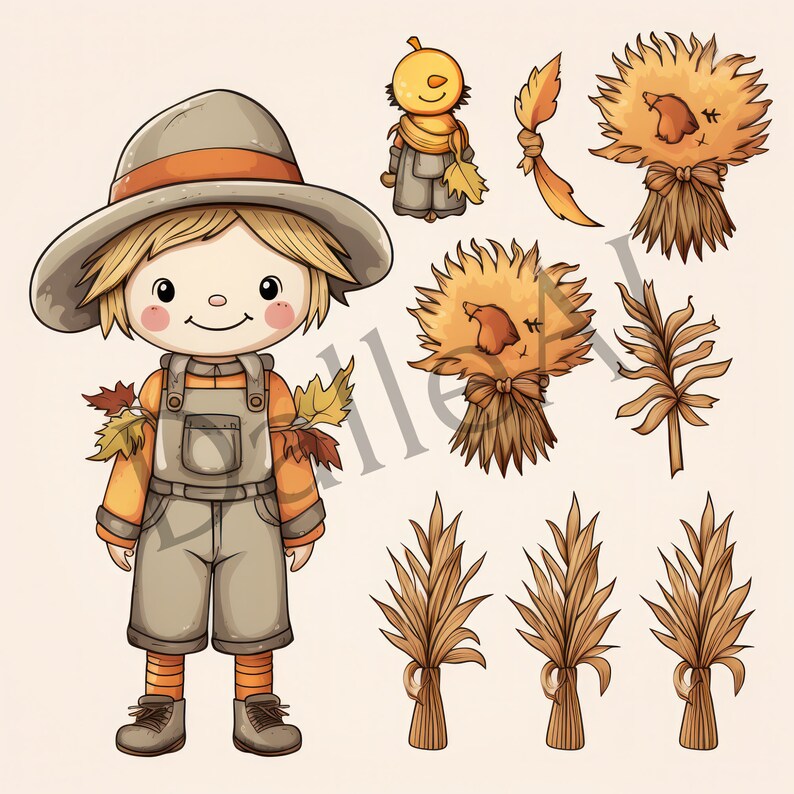 Scarecrow Clipart, Set of 21 PNG Images, High Quality Images, Wall Art ...