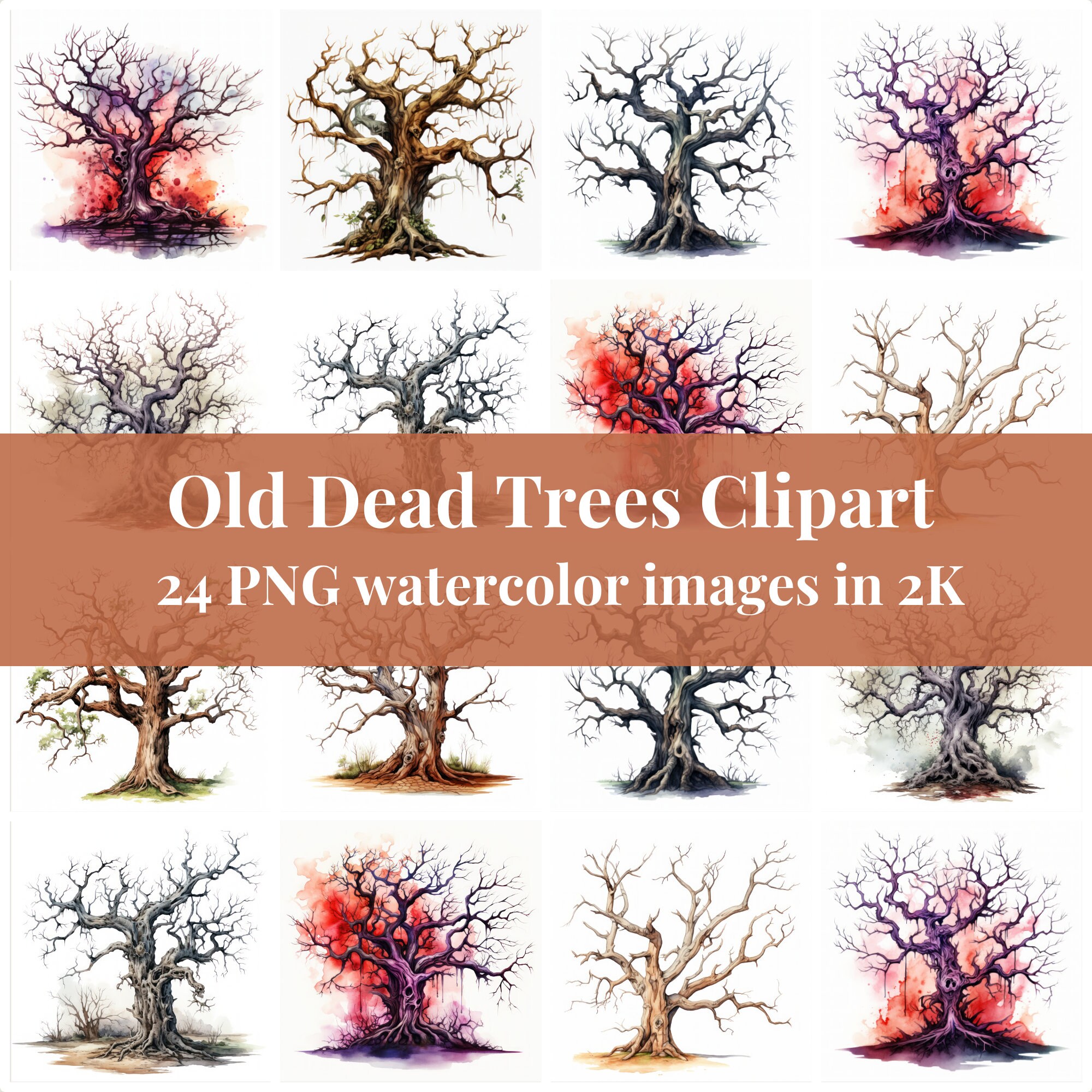 Watercolor Old Dead Trees Clipart, 24 Images in PNG Format, Instant ...
