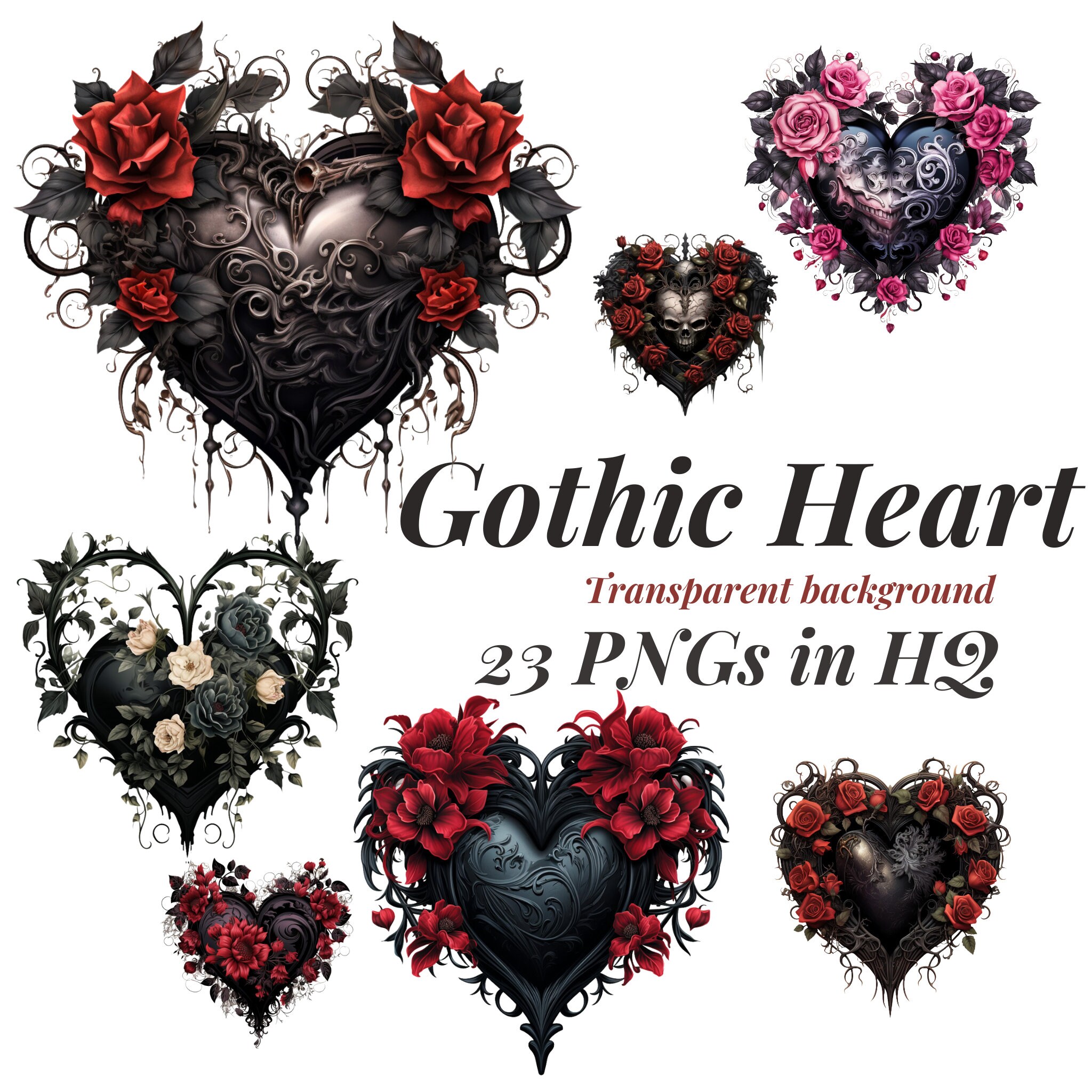 Gothic Floral Heart Clipart, 23 Digital Images in PNG Format for ...