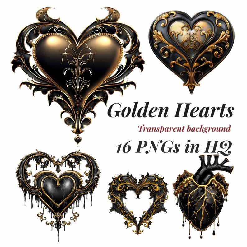 Golden Gothic Heart Clipart, 16 Digital Images in PNG Format for ...