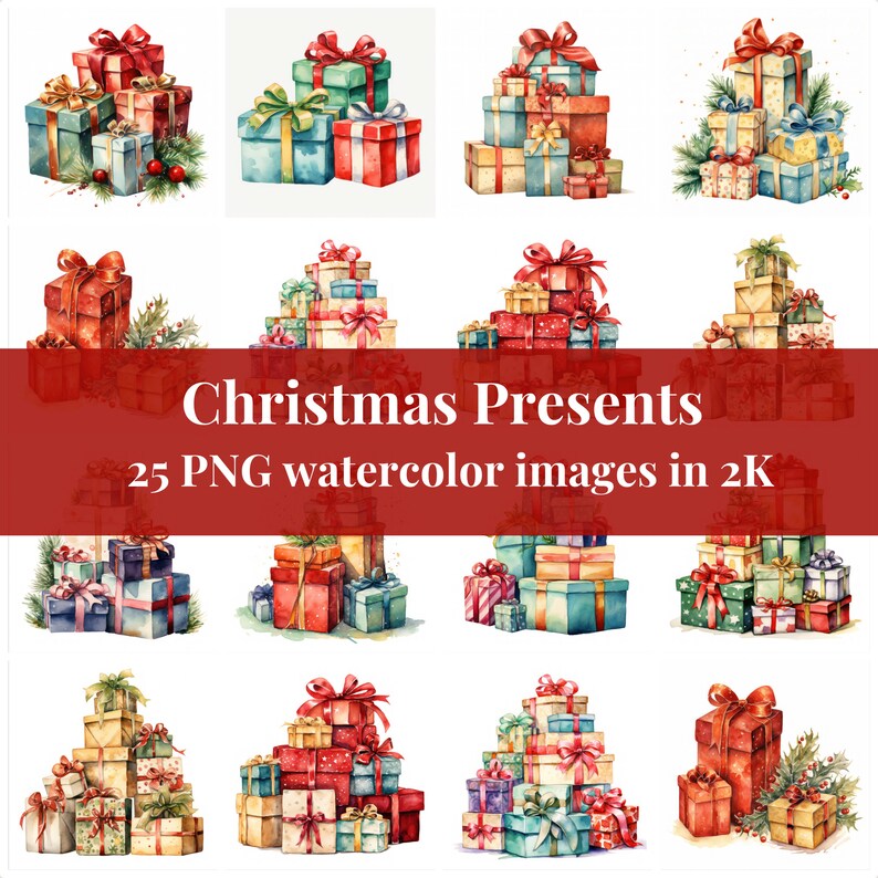 Watercolor Christmas Presents Clipart, 25 Images in PNG Format, Instant ...