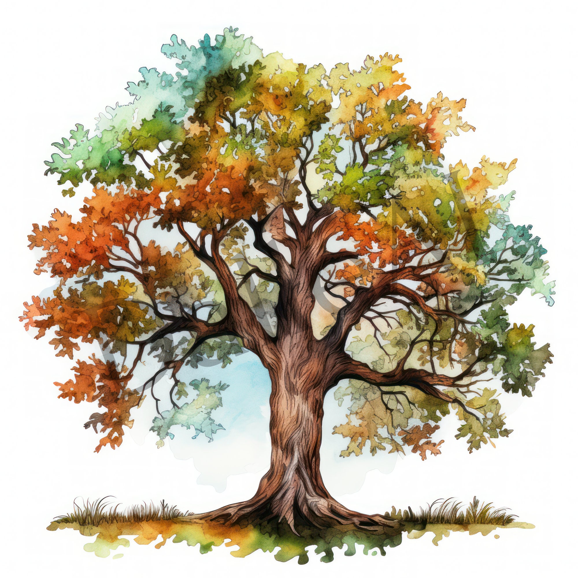Watercolor Oak Tree Clipart, Set of 23 PNG Images in High Quality ...