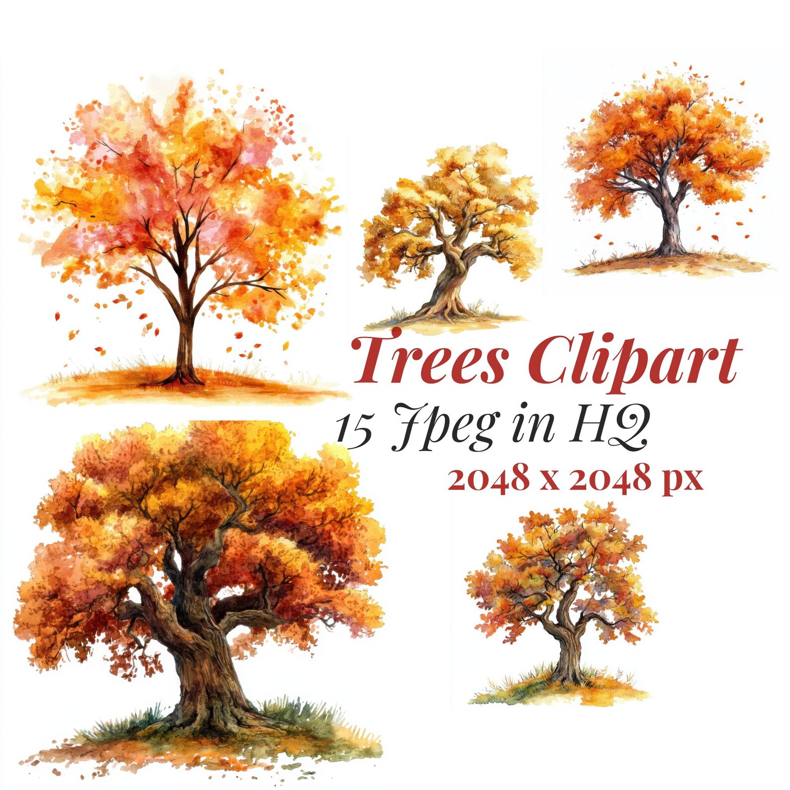 Autumn Trees Clipart, 15 JPEG in HQ, Watercolor Style, Ready to ...
