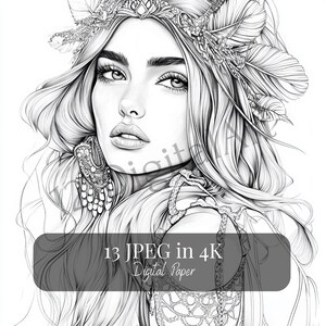 Drawing Page With a Boho Girl, JPEG in High Resolution 4k, Ready to ...