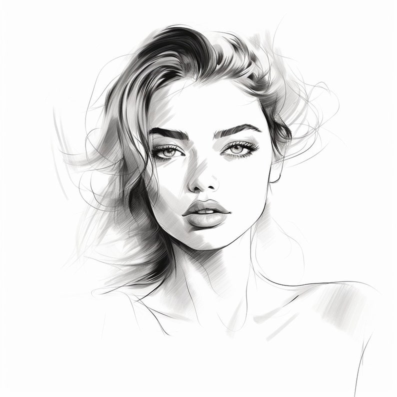 Line Art Beautiful Ladies Portraits, 18 Digital Images Set, PNG Format ...