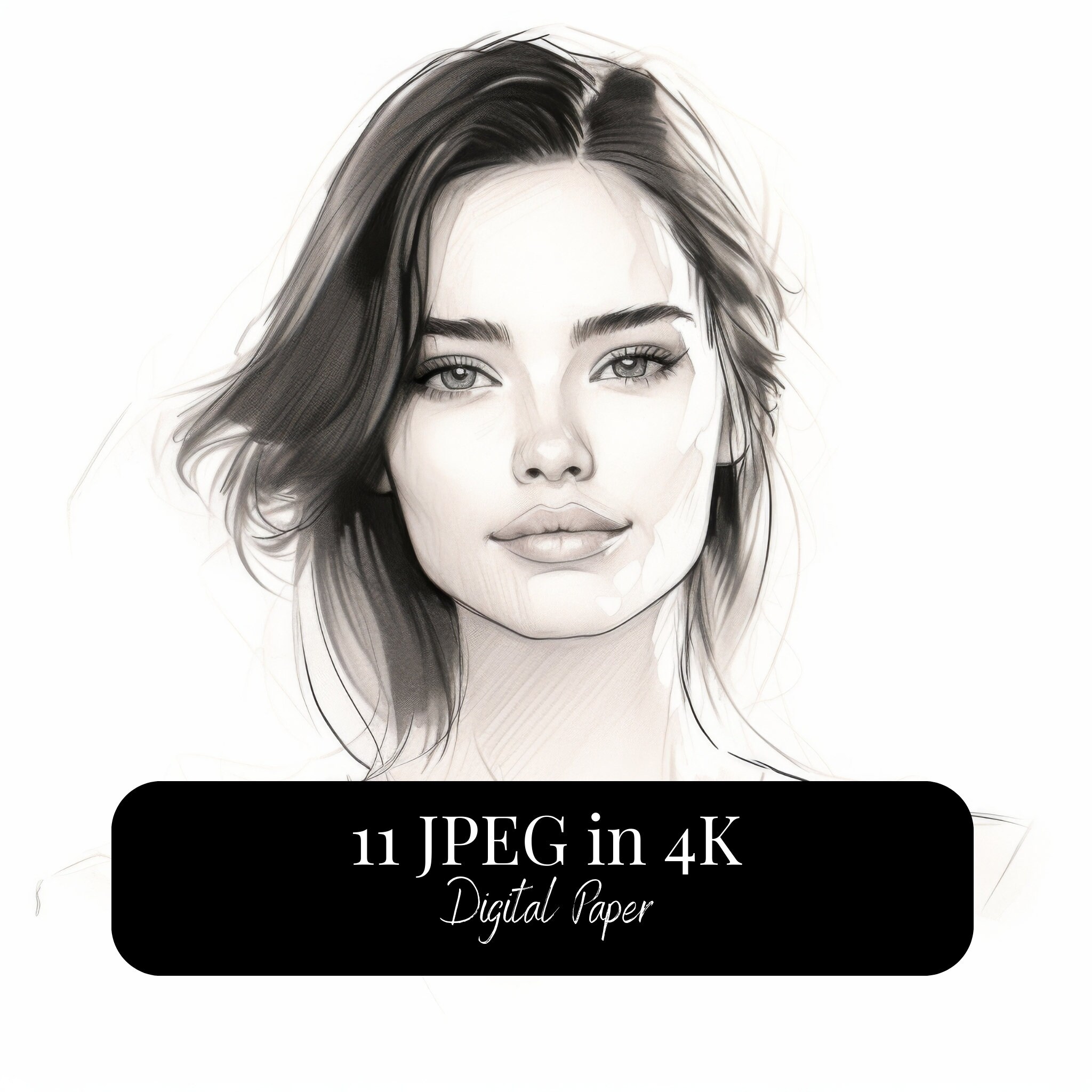 Line Art Beautiful Ladies Portraits, 11 Digital Images Set, JPEG Format ...