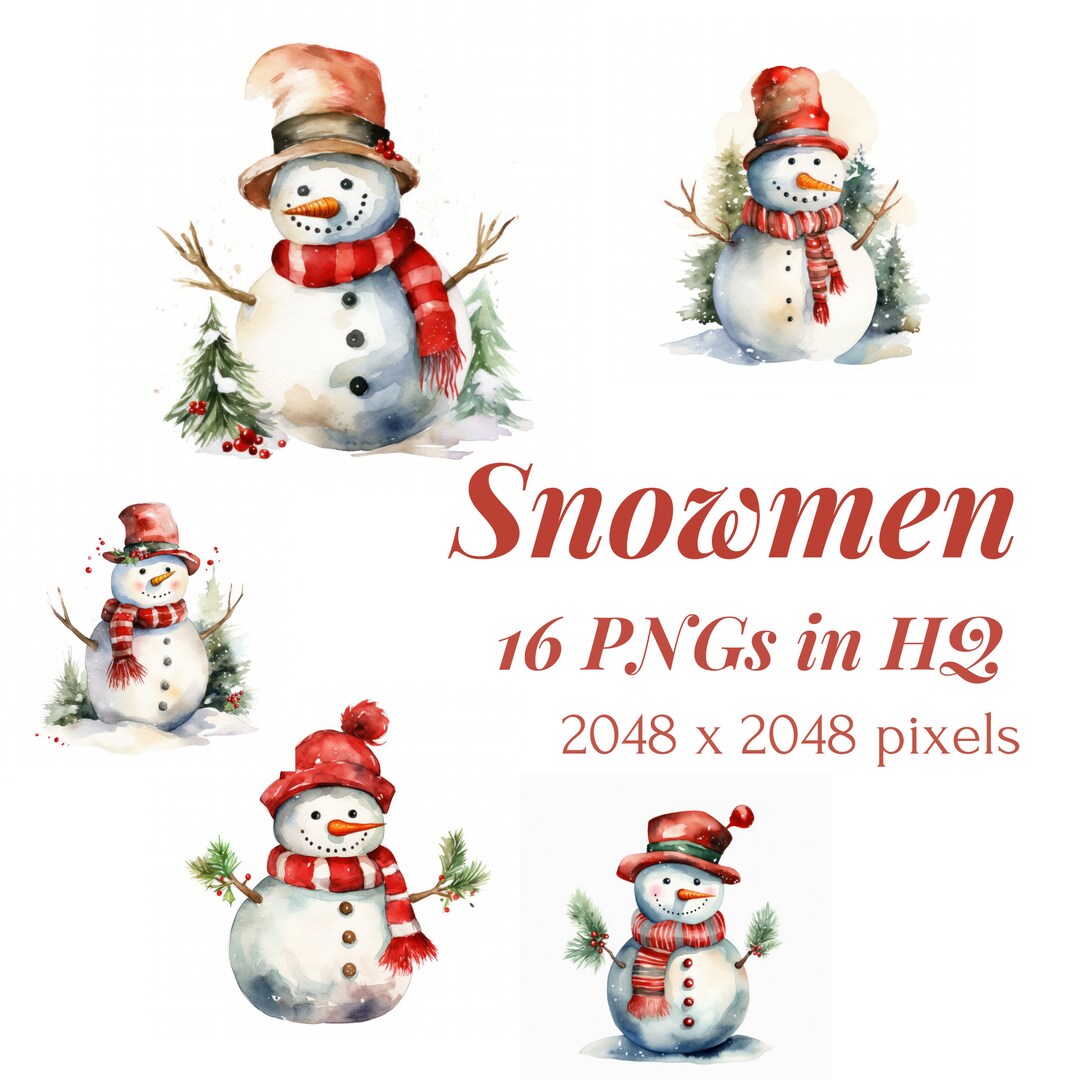 Watercolor Snowman Clipart, 16 PNG Images Set, Transparent Background ...