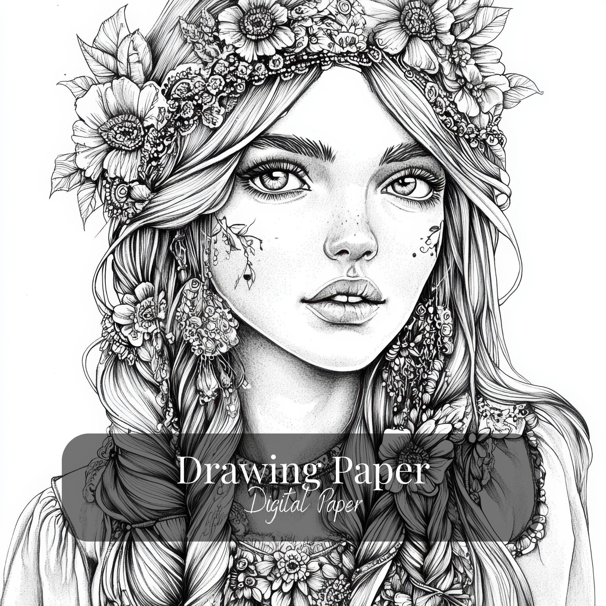 Drawing Page With a Boho Girl, JPEG in High Resolution 4k, Ready to ...