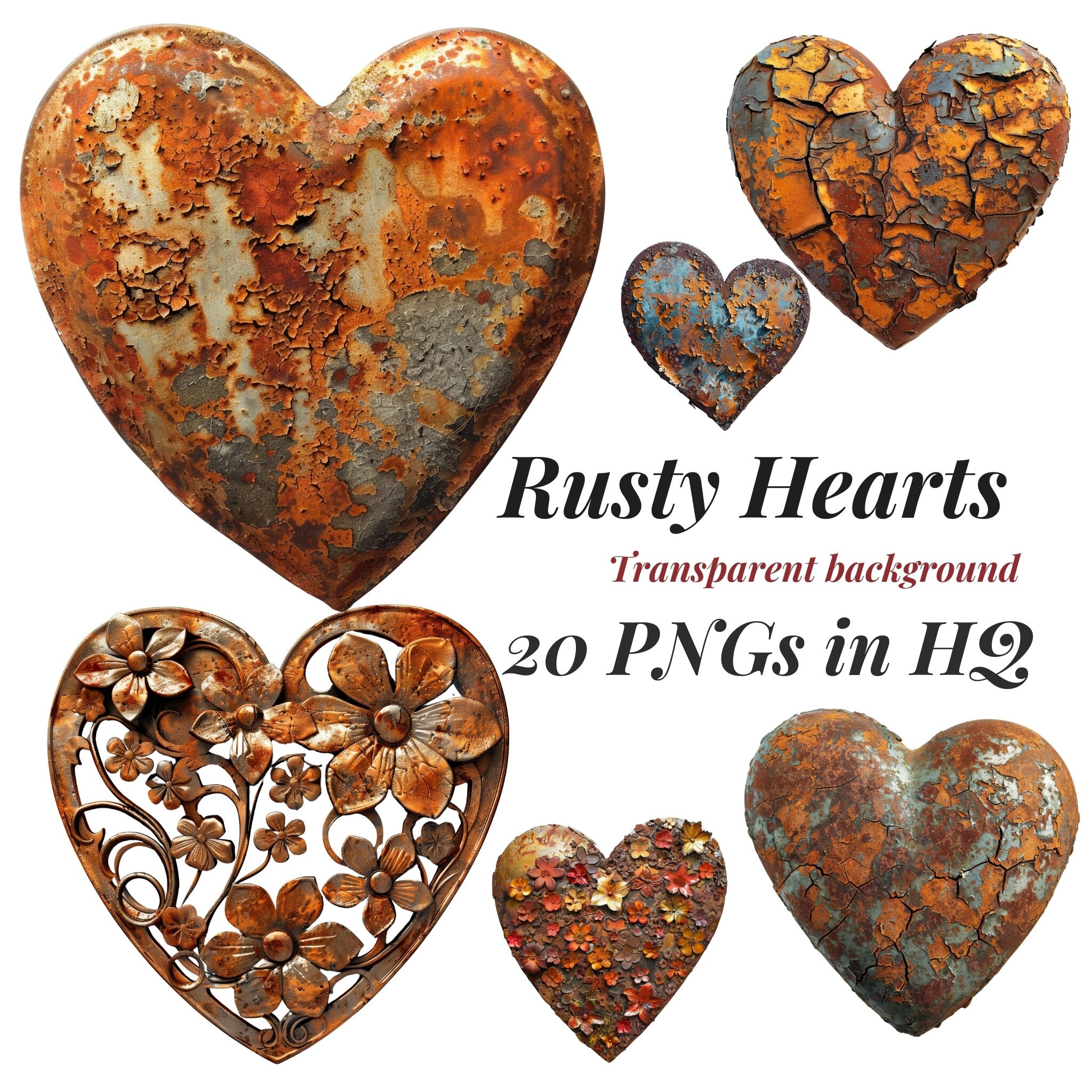 Rusty Heart Clipart, 20 Digital Images in PNG Format for Valentine ...