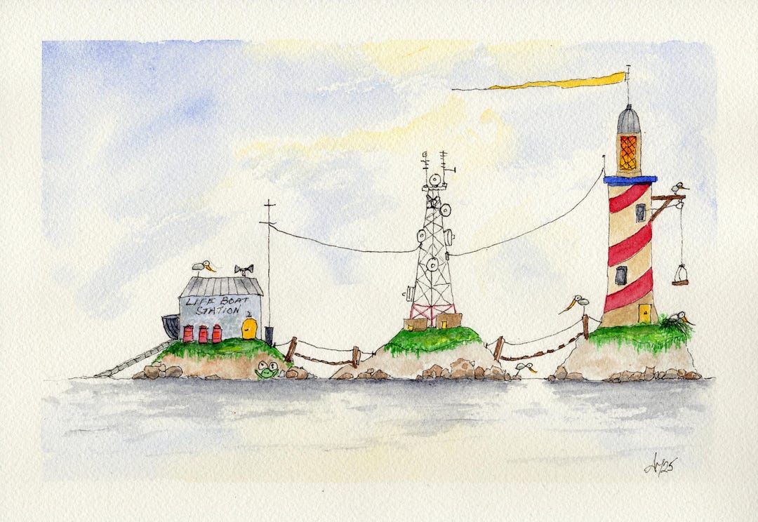 Whimsical Lighthouse and Lifeboat Station Watercolor Painting - Modern ...