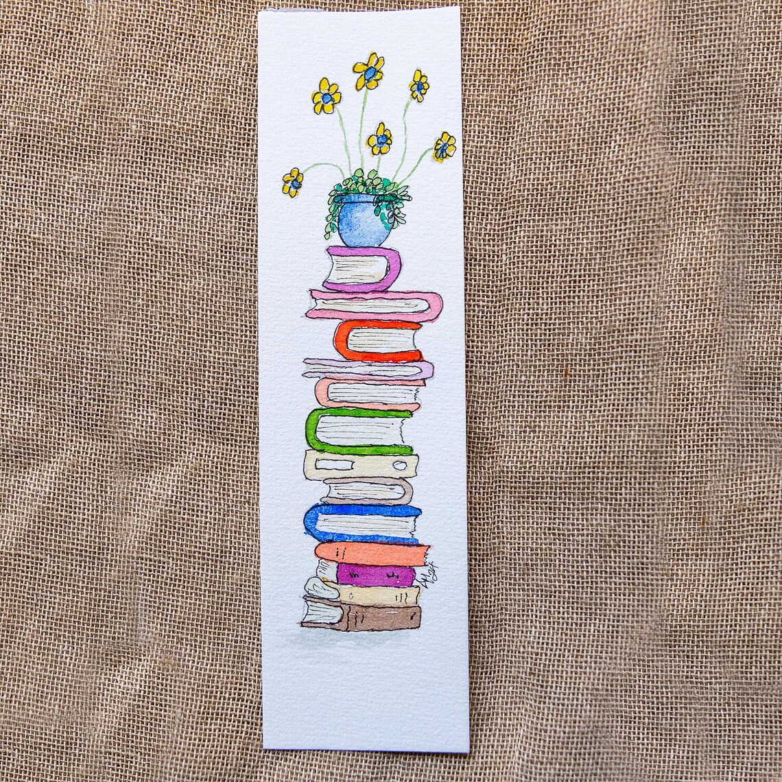 Original Hand Painted Watercolor, Lots of Books, Floral, Birthday Card ...