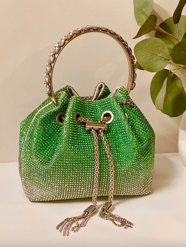 Green Rhinestone Bag, Green Bucket Bag, Bridal Purse, Wedding Clutch ...
