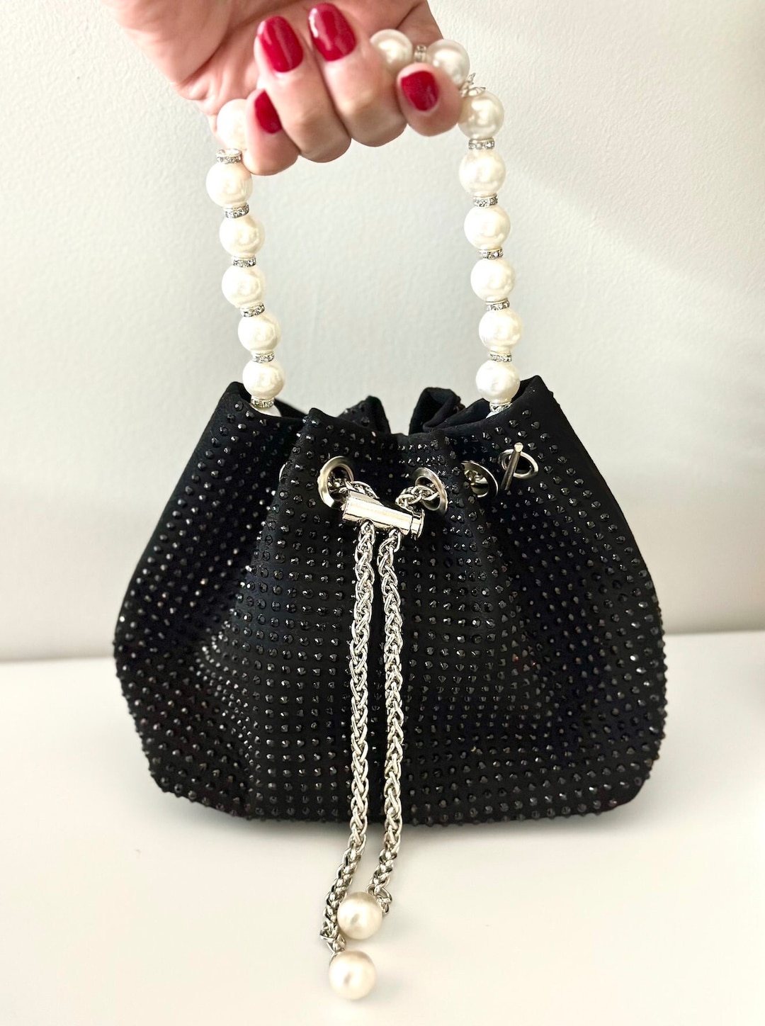 Sac seau noir, sac en perles, sac à main en strass, sac à main de ...