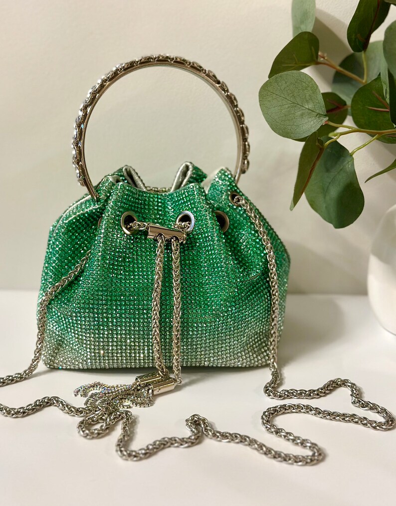 Green Rhinestone Bag, Green Bucket Bag, Bridal Purse, Wedding Clutch ...