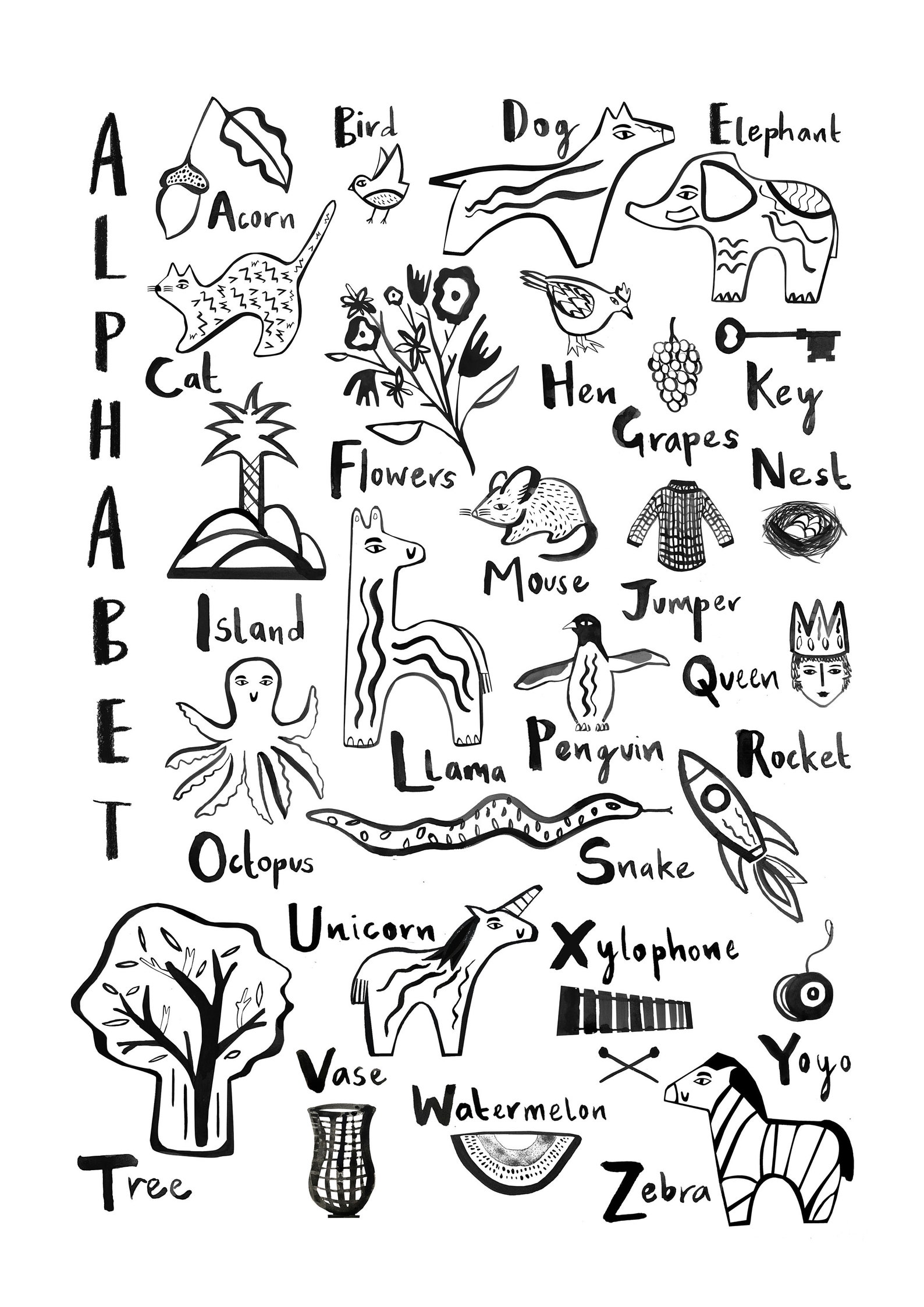 Illustrated Childrens ALPHABET Black and White Print - Etsy