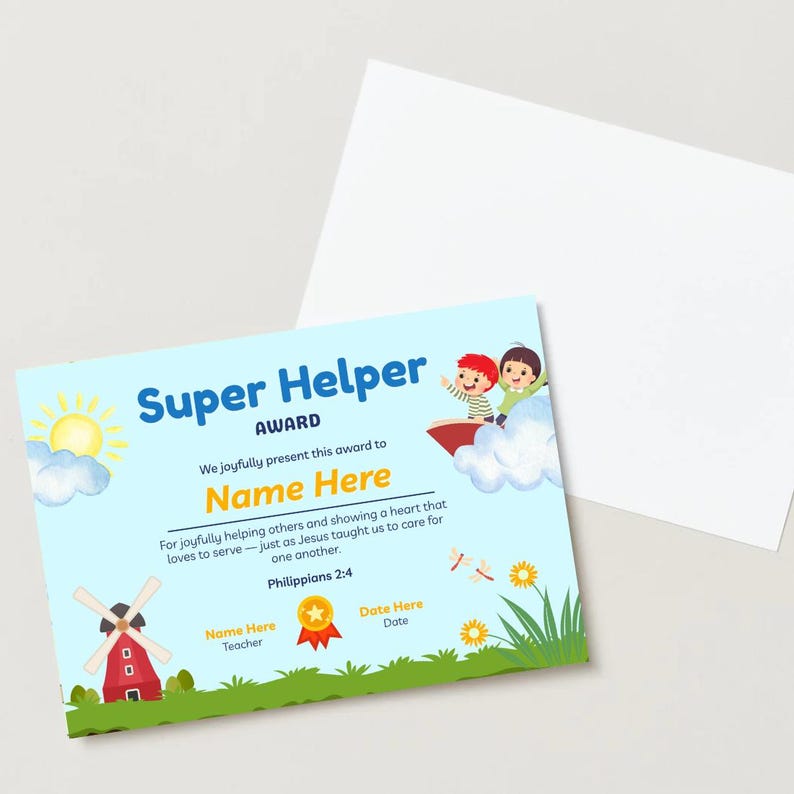 Editable Super Helper Award Certificate: Christian Kids, Homeschool ...