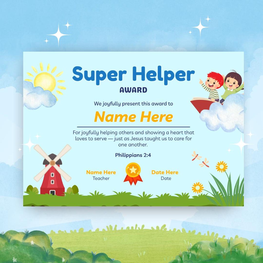 Editable Super Helper Certificate: Christian Printable Award, Sunday ...